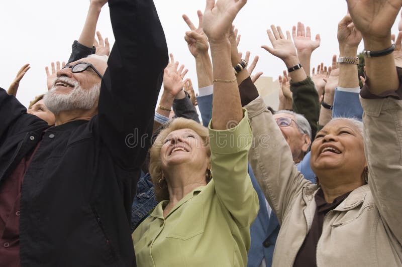 People Celebrating with Hands Raised Stock Image - Image of hand ...