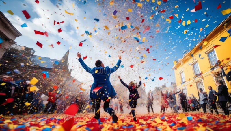 People Celebrating on the Street with Flying Confetti Stock ...