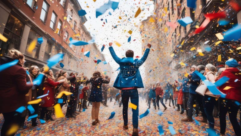 People Celebrating on the Street with Flying Confetti Stock ...