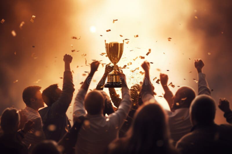 People Celebrating Victory Lifting Trophy among Confetti Stock Photo ...