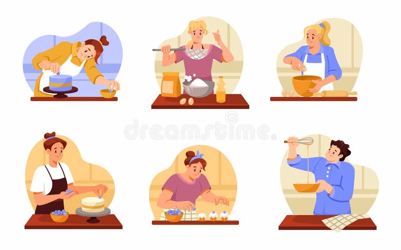 People Character Baking at Kitchen Making Pastry Vector Set Stock ...