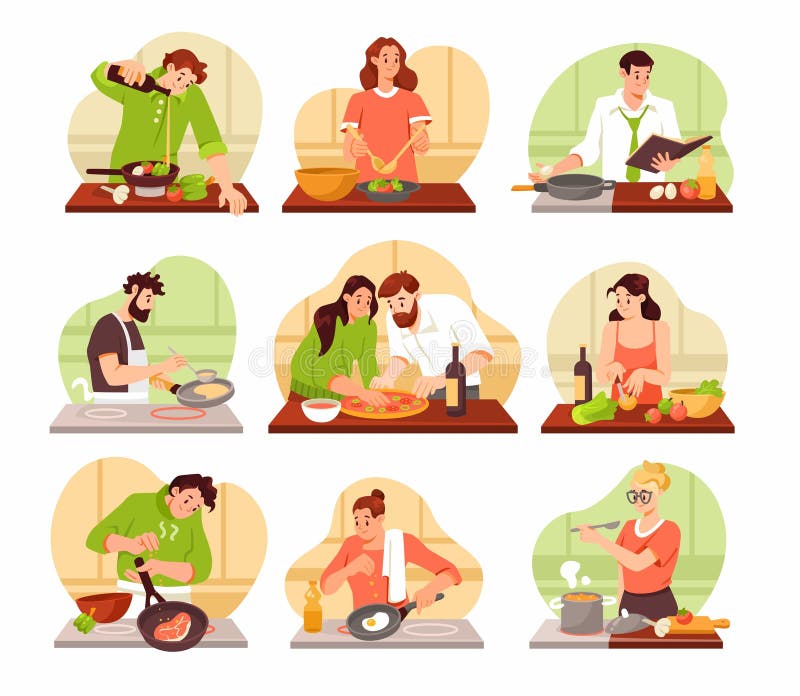 People Character Cooking and Meal Preparing at Kitchen Vector Set Stock ...