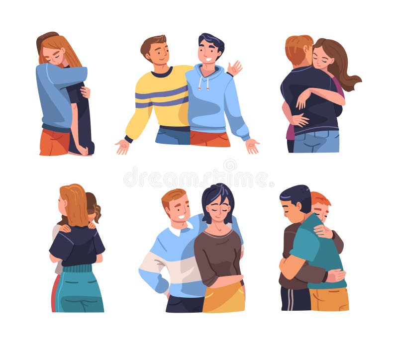People Character Hugging and Embracing Each Other Expressing Friendly ...