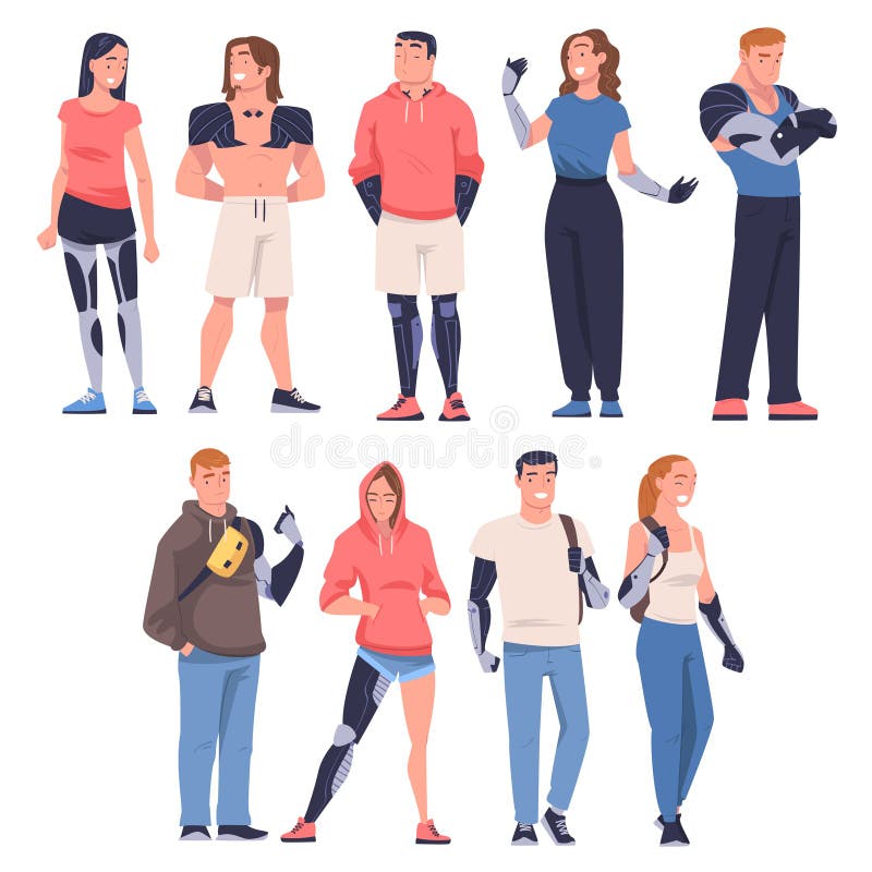 People Character with Robotic Body Parts or Prosthesis Functioning ...