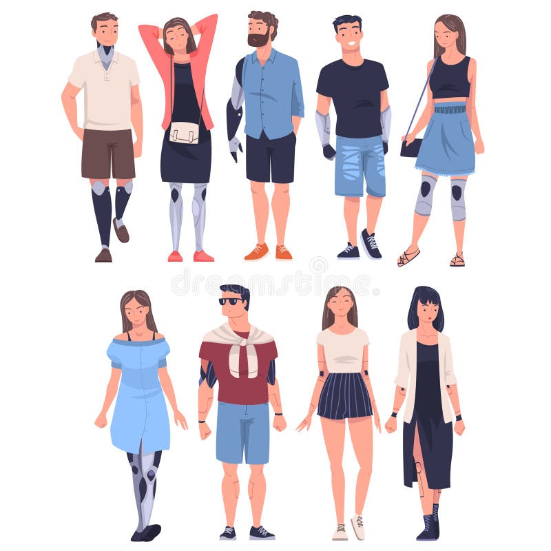 People Character with Robotic Body Parts or Prosthesis Functioning ...