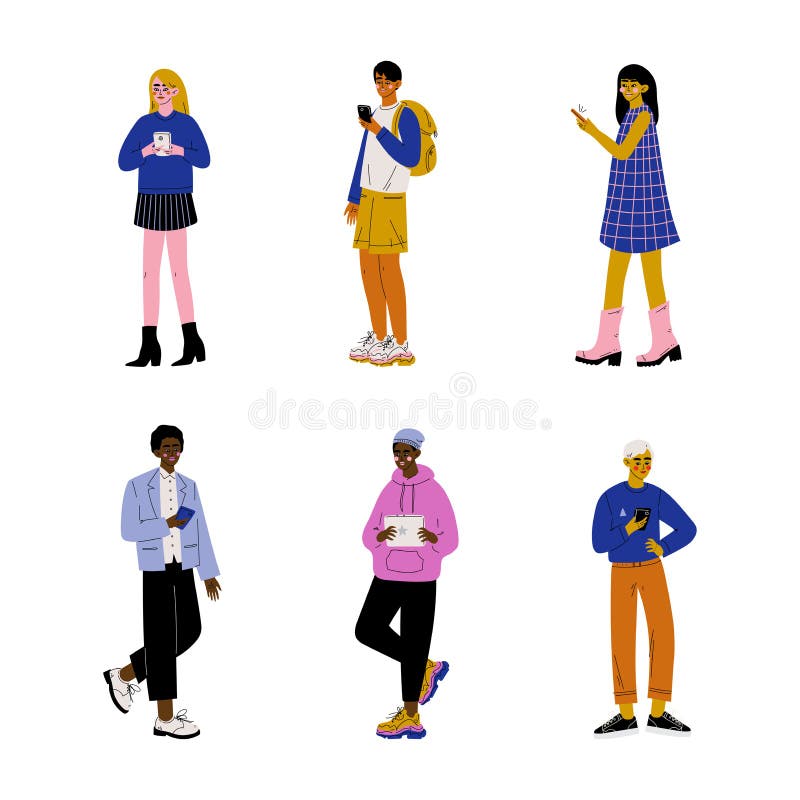 People Character Using Smartphone and Tablet Chatting and Surfing ...