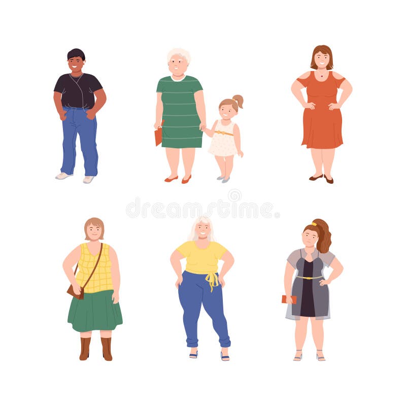 People Characters With Corpulent Body In Standing Pose Vector