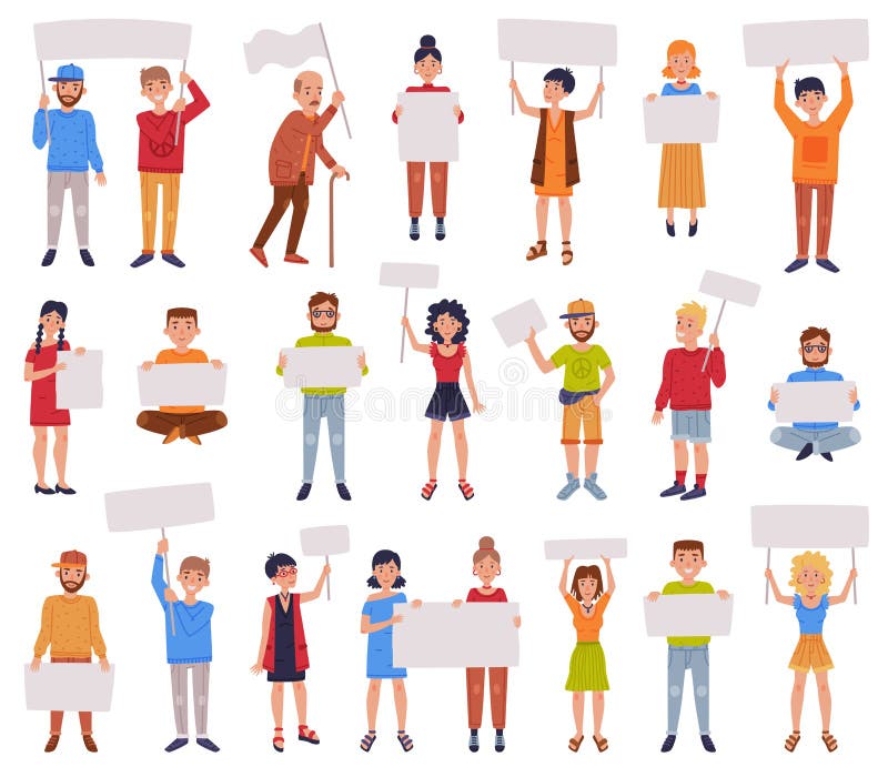 People Characters with Empty Placard and Banner Engaged in Protest and ...