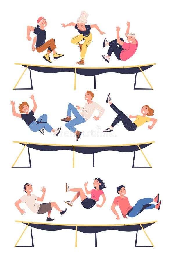 People Characters Jumping on Trampoline Bouncing and Flying in the Air ...