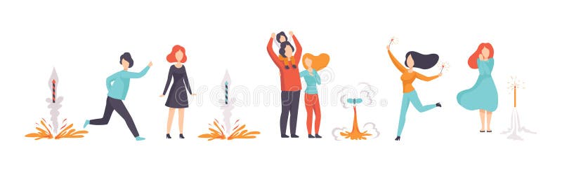 People Characters Launching and Watching Explosion of Fireworks Vector ...