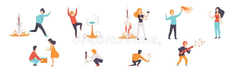 People Characters Launching and Watching Explosion of Fireworks Vector ...