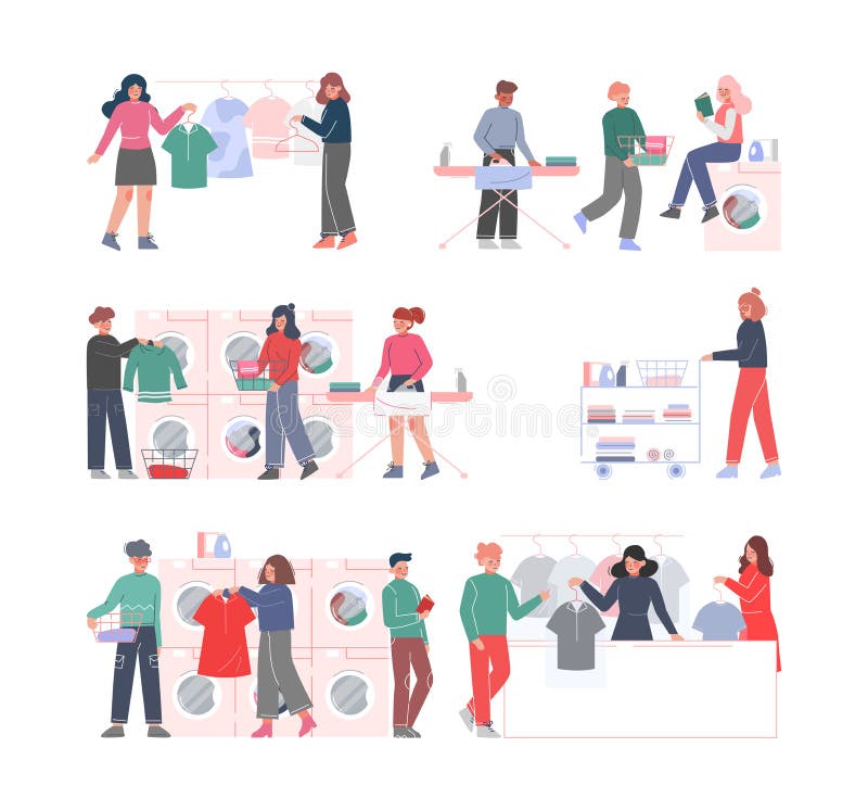 People Characters in Laundry Service with Washing Machine Vector Set ...