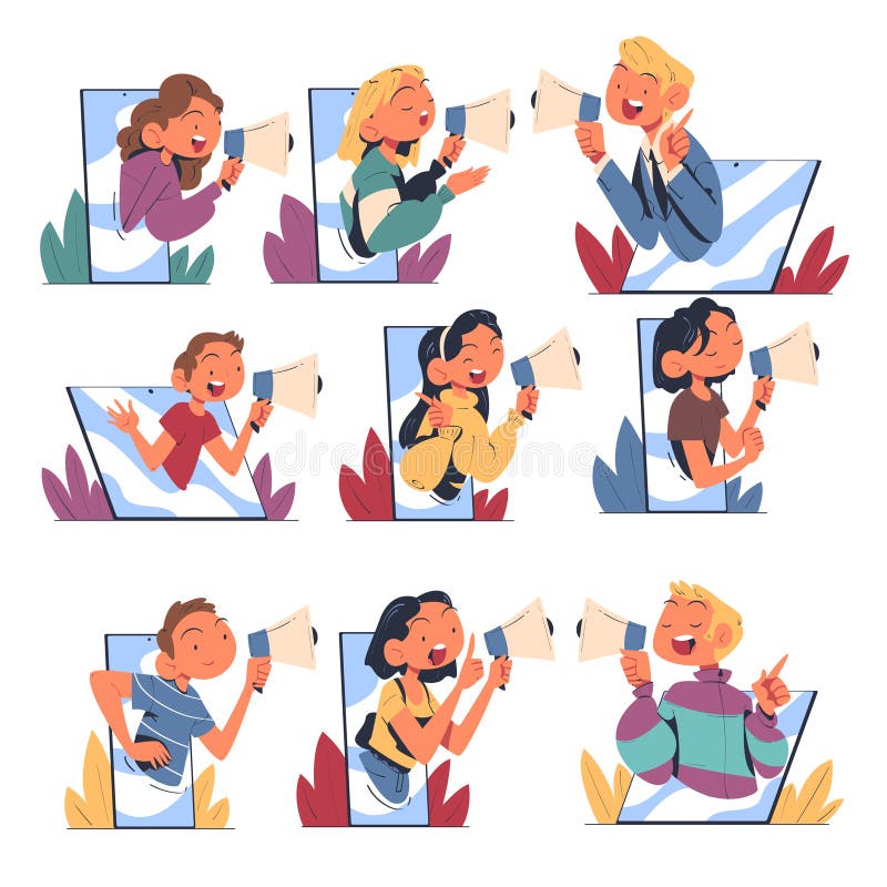 People Characters with Megaphone Shouting from Gadget Screen Vector Set ...