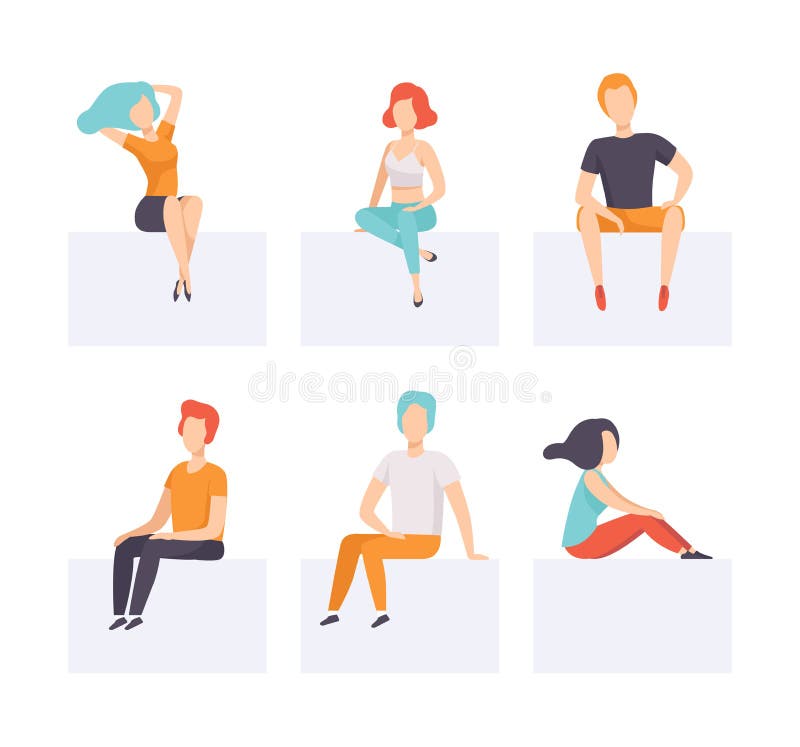 People Characters Sitting in Different Pose on Rectangular Shape Block ...