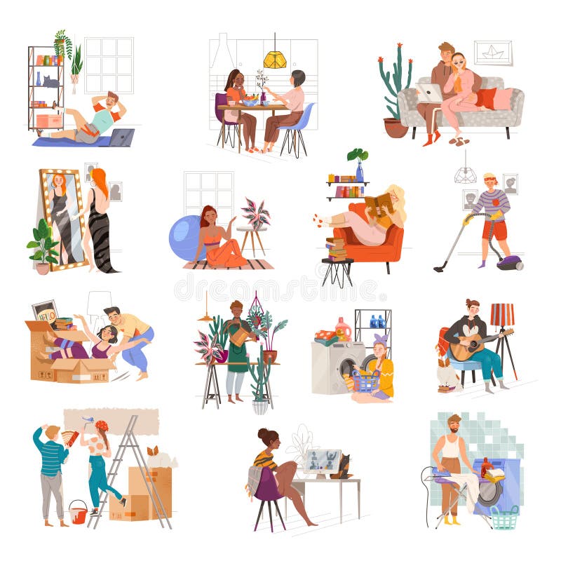 People Characters Spending Weekend at Home Big Vector Illustration Set ...