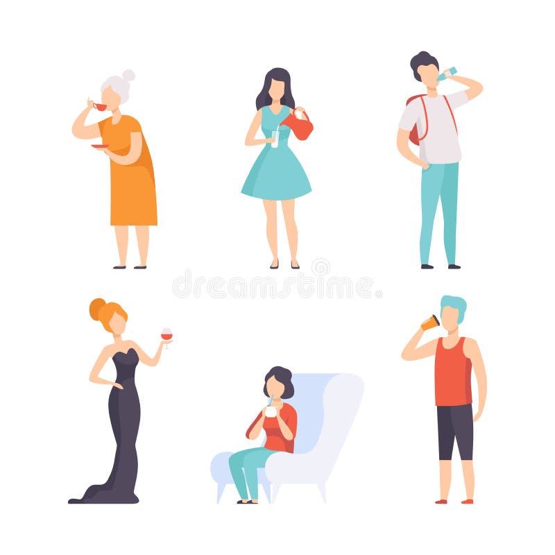 People Characters Standing and Drinking Different Beverage Vector Set ...