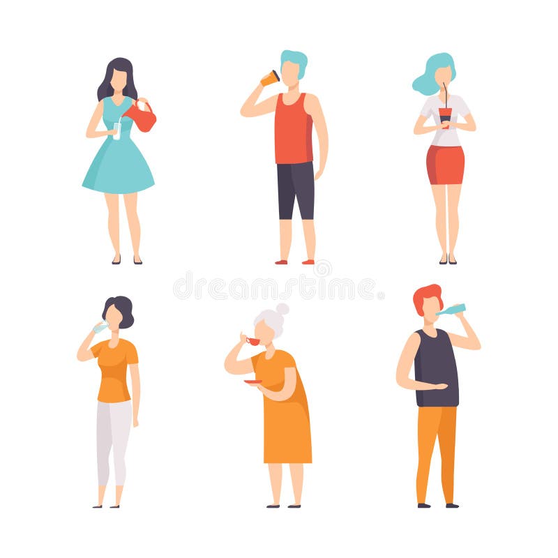 People Characters Standing and Drinking Different Beverage Vector Set ...