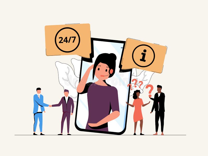 People Characters Talking with Customer Support. Woman and Man Ask ... People Characters Talking with Customer Support. Woman and Man Ask ...