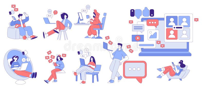 People Characters Using Social Media with Mobile Gadget Vector Set ...