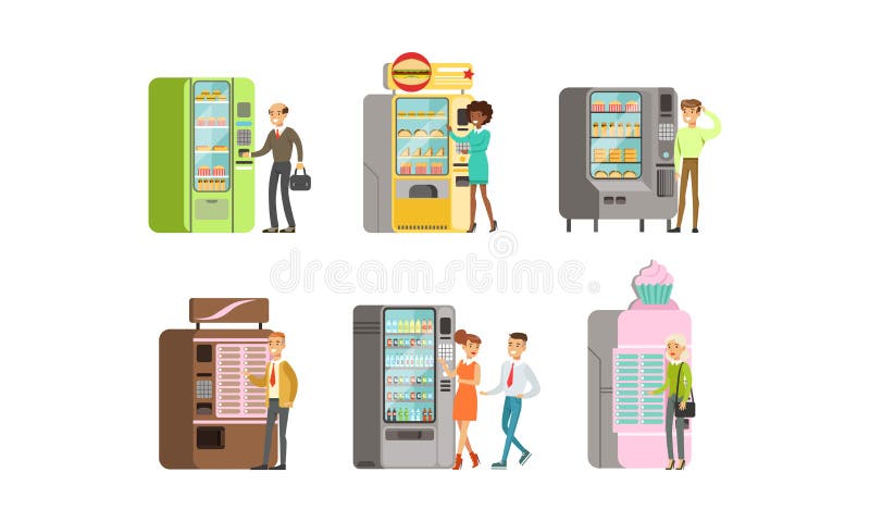 People Characters Using Vending Machines Vector Illustrations Set Stock ...