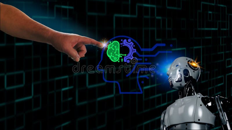 Human and Android Hands. Man Giving a Red Apple To an Artificial ...