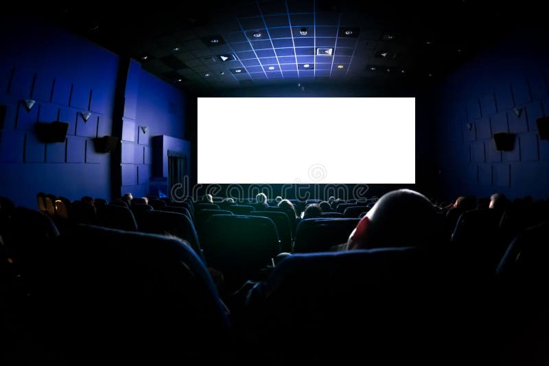 People in the Cinema Watching a Movie. Blank Empty White Screen Stock ...