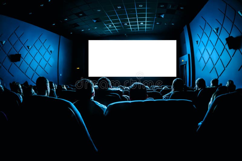 People in the Cinema Watching a Movie. Blank Empty White Screen Stock ...