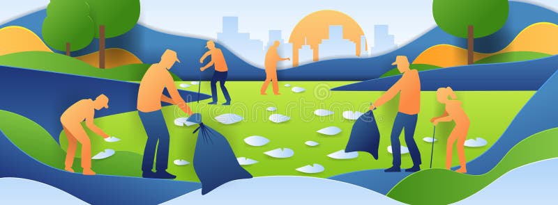 People Cleaning Park Environment Teamwork Landscape Paper Cut Style ...