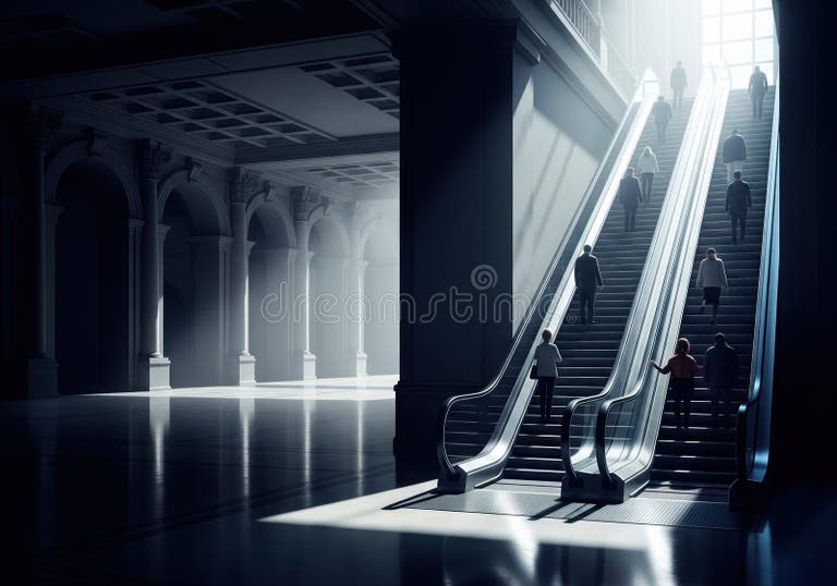 People Climb the Escalator in a Bright Hall. Stock Photo - Image of ...