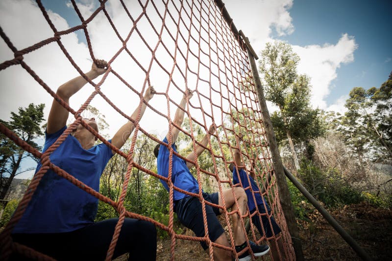 People Climbing a Net during Obstacle Course Stock Image - Image of ...