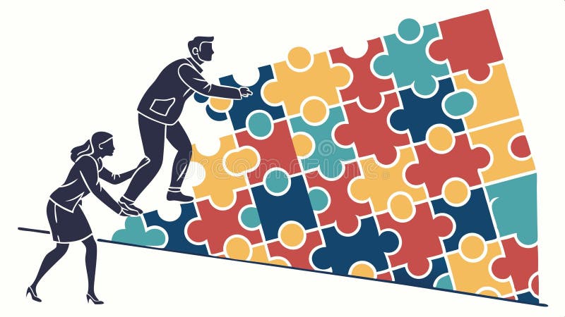 People Climbing Puzzle Pieces Teamwork and Collaboration Illustration ...