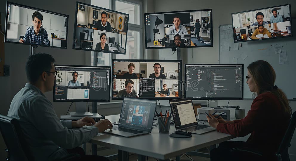 People Collaborating Remotely Using Video Conference and Multiple ...
