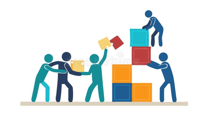 People Collaborating To Stack Blocks, Team Building Progress, Vector ...
