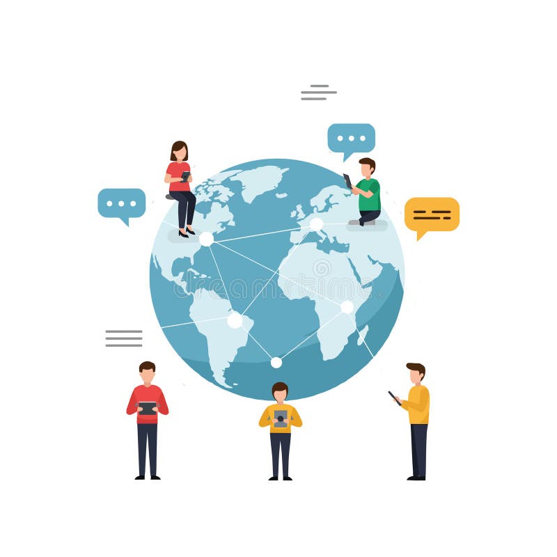 People Communicating Around a Globe in a Colorful Flat Design Vector ...