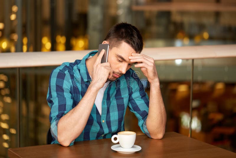 Man with Coffee Calling Smartphone at Restaurant Stock Image - Image of ...