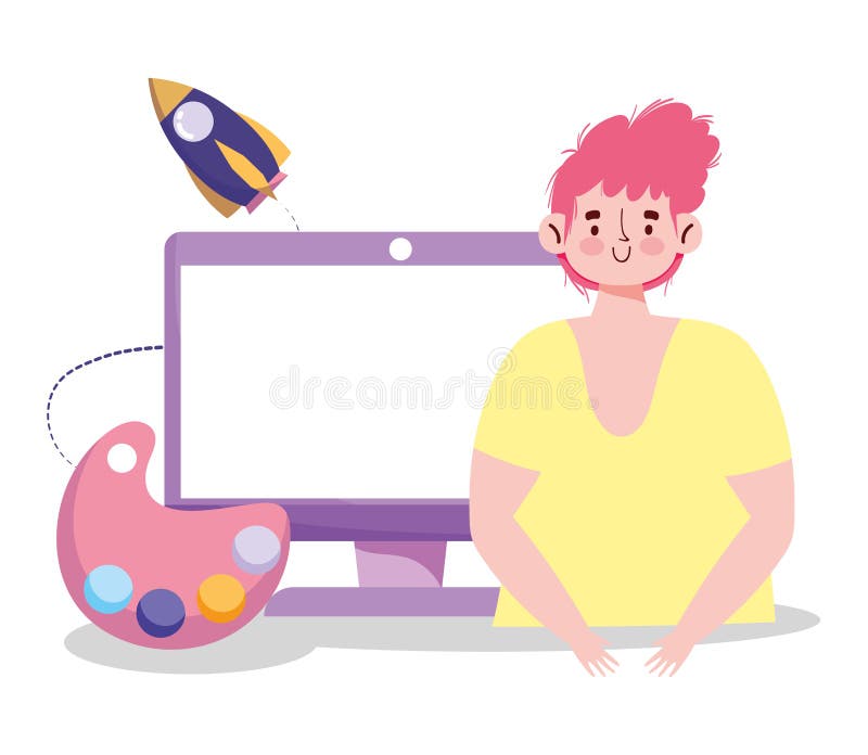 People Communication and Technology, Boy with Computer Idea Innovation ...