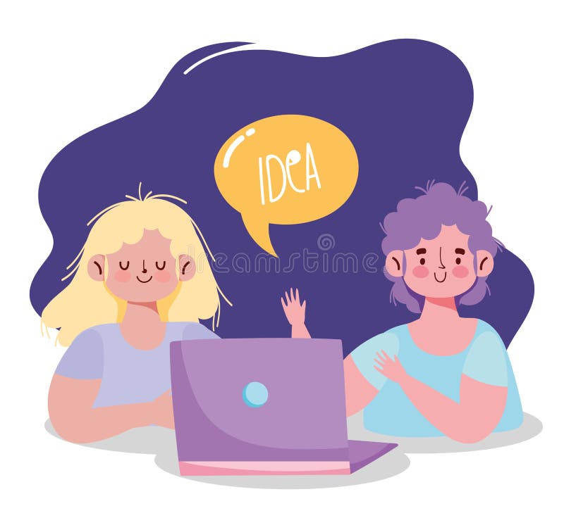 People Communication and Technology, Boy and Girl with Laptop Computer ...