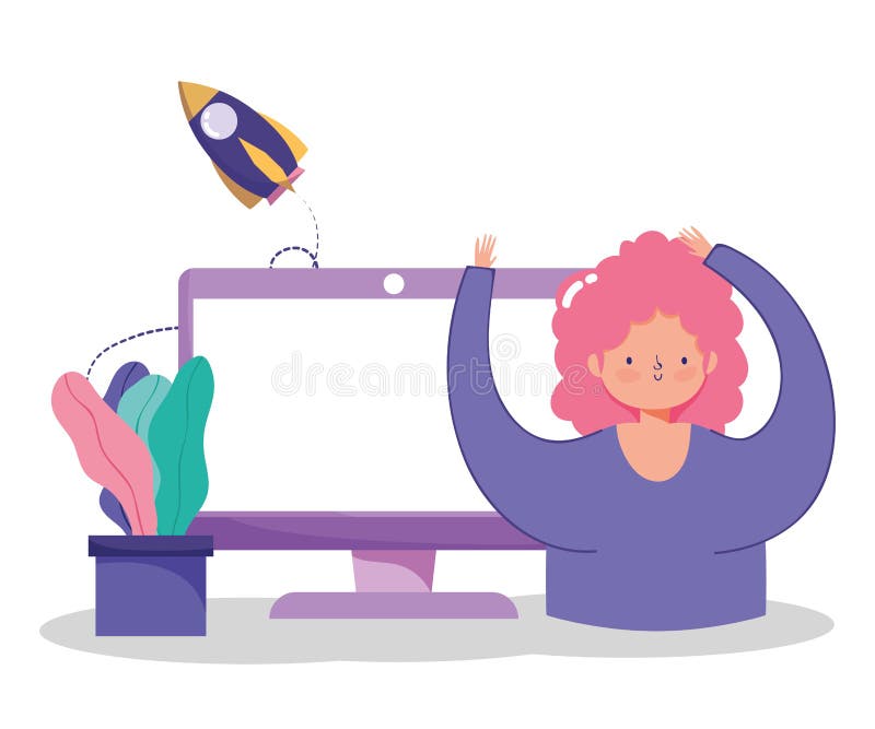 People Communication and Technology, Girl with Computer Idea Innovation ...