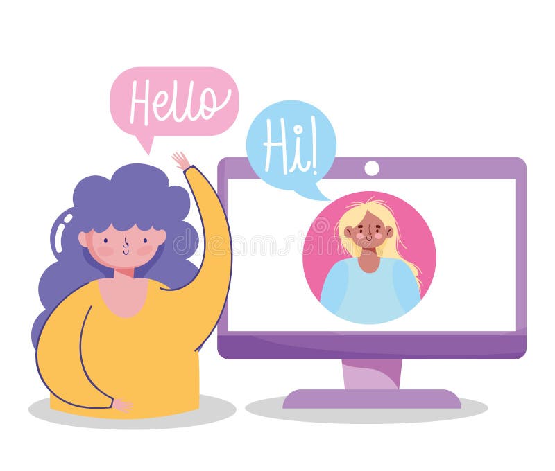 People Communication and Technology, Girls Computer Talking Video Call Stock Vector ...