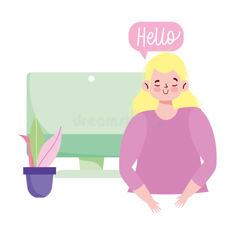 People Communication and Technology, Young Woman Computer Hello Bubble ...