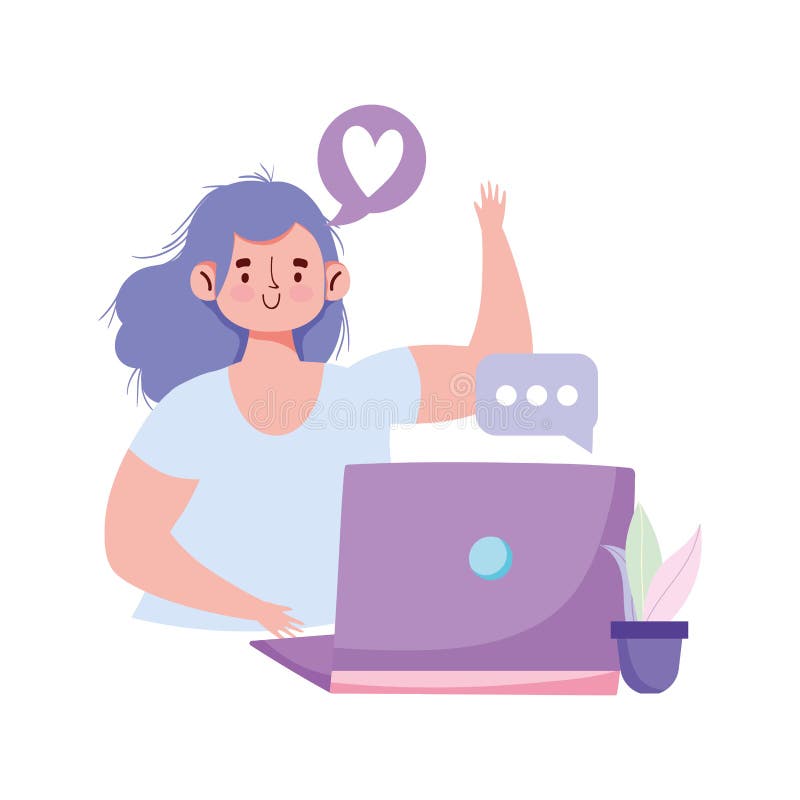 People Communication and Technology, Young Woman with Laptop Dialogue ...