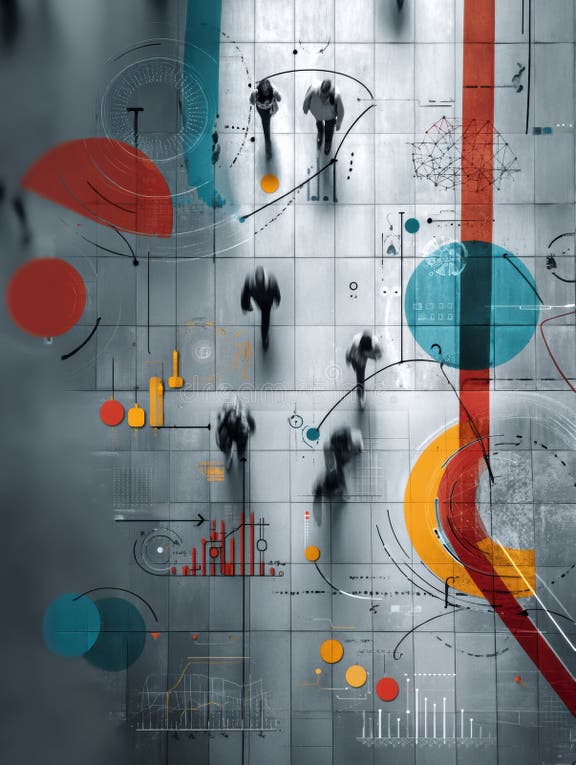 People Commuting on an Office Floor with Infographics and Data ...