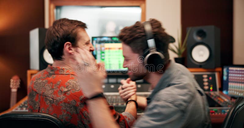 People, Computer and Music Producer in Recording Studio with High Five ...