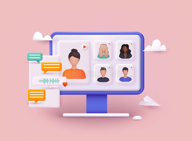 People on Computer Screen Taking with Colleague. Videoconferencing and ...