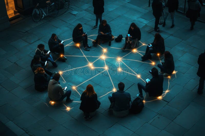People Connect in a Circle Using Glowing Phones while Illuminated ...