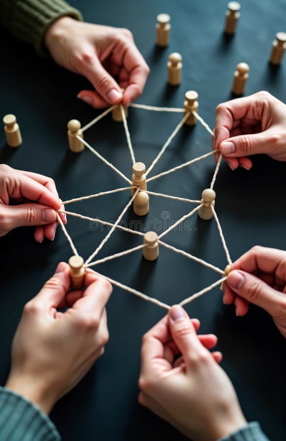 People Connect with Strings. Hands Work on Network Diagram. Team ...