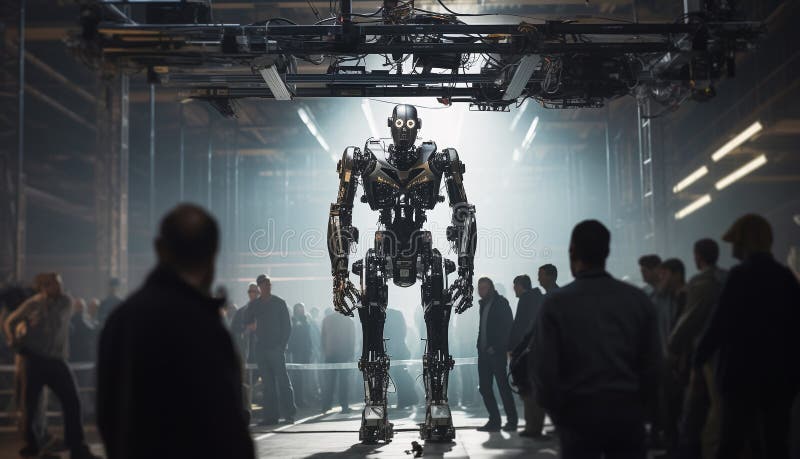 People Constructing Giant Robots in High-Tech Hangar Stock Illustration ...