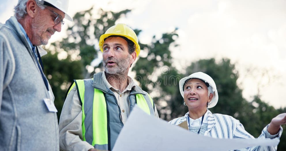 People, Contractor and Group with Blueprint at Construction Site for ...