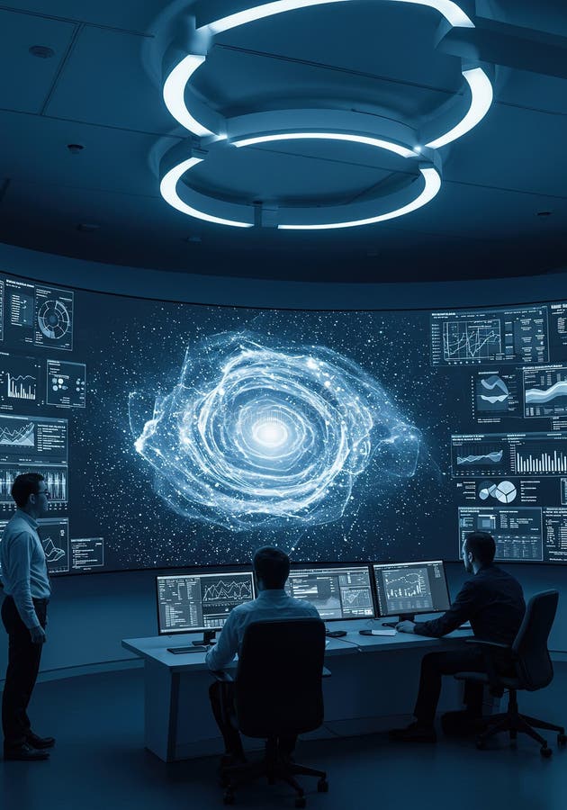 People in a Control Room with a Large Screen Displaying a Swirling ...