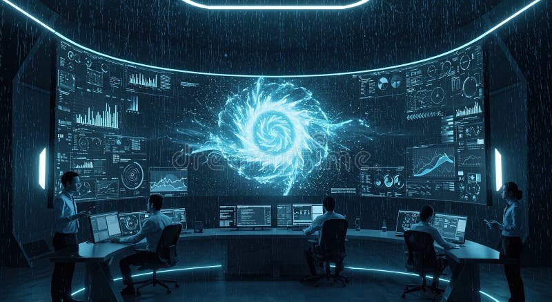 People in a Control Room with Large Screens Displaying Data and a ...